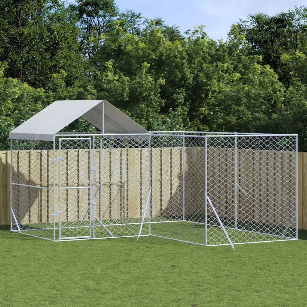 vidaXL Hundgård med tak silver 4x4x2,5 m galvaniserat stål | vidaXL.se